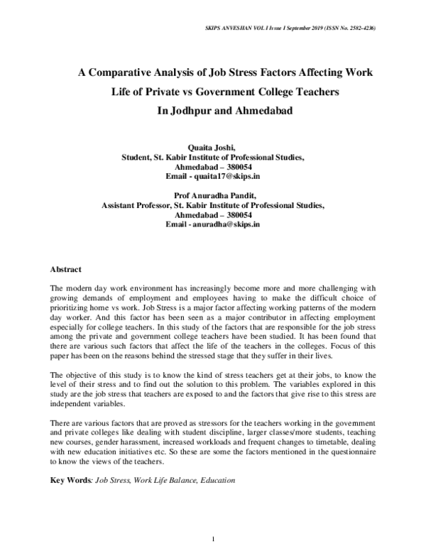 (PDF) A Comparative Analysis of Job Stress Factors Affecting Work Life of Private vs Government ...