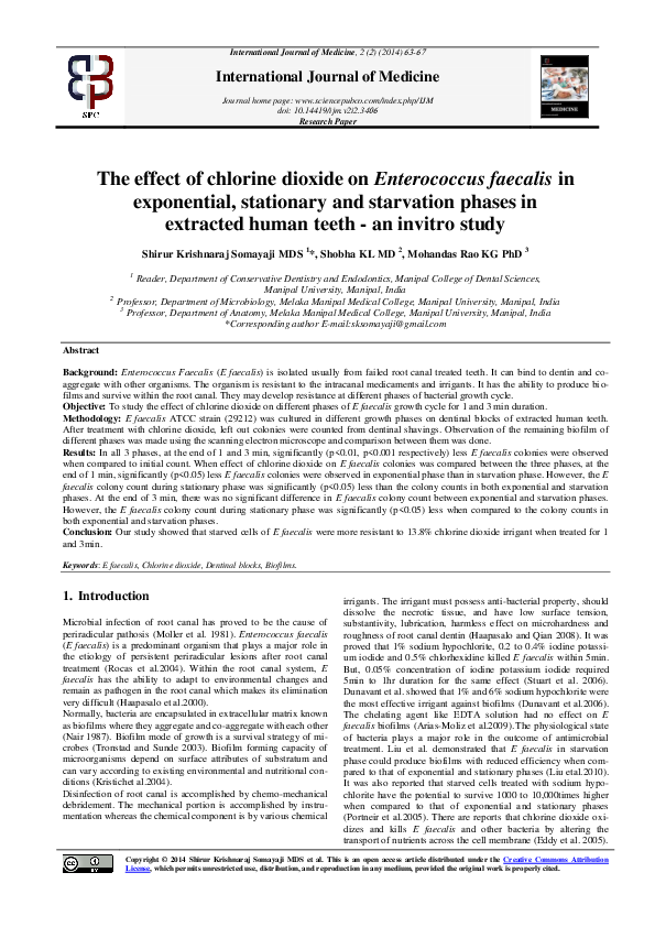 (PDF) The effect of chlorine dioxide on Enterococcus faecalis in ...