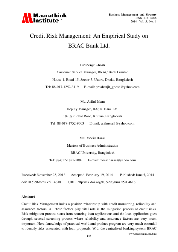 (PDF) Credit Risk Management: An Empirical Study on BRAC Bank Ltd