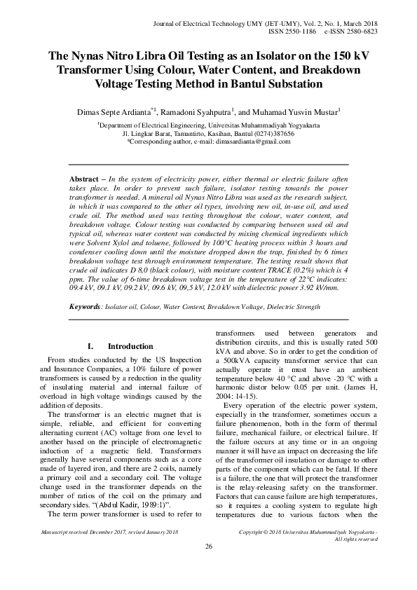 (PDF) The Nynas Nitro Libra Oil Testing as an Isolator on the 150 kV ...