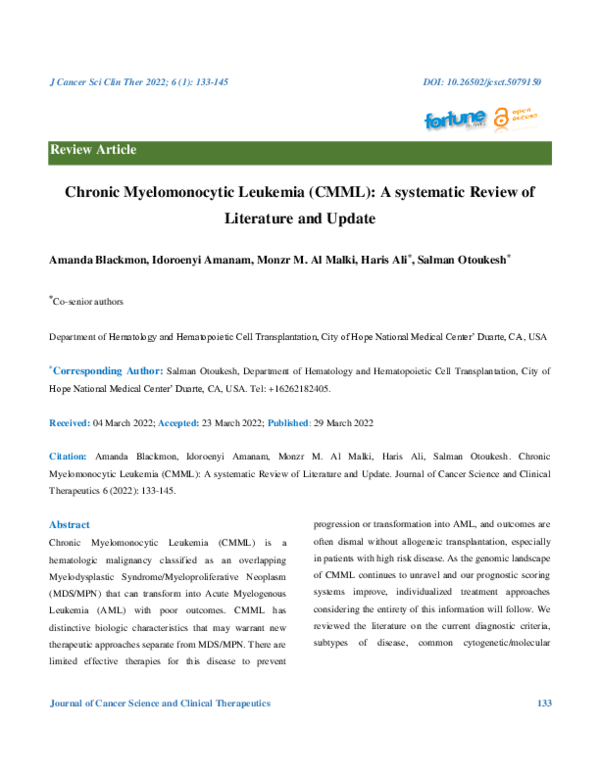 (PDF) Chronic Myelomonocytic Leukemia (CMML): A systematic Review of ...