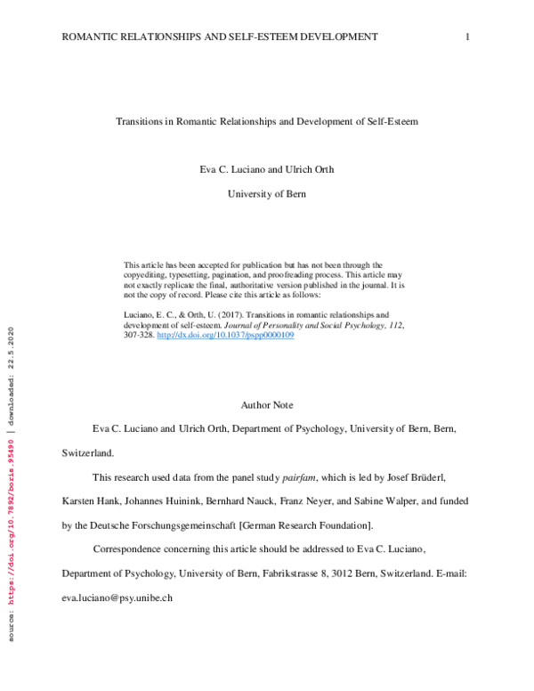 (PDF) Transitions in Romantic Relationships and Development of Self-Esteem