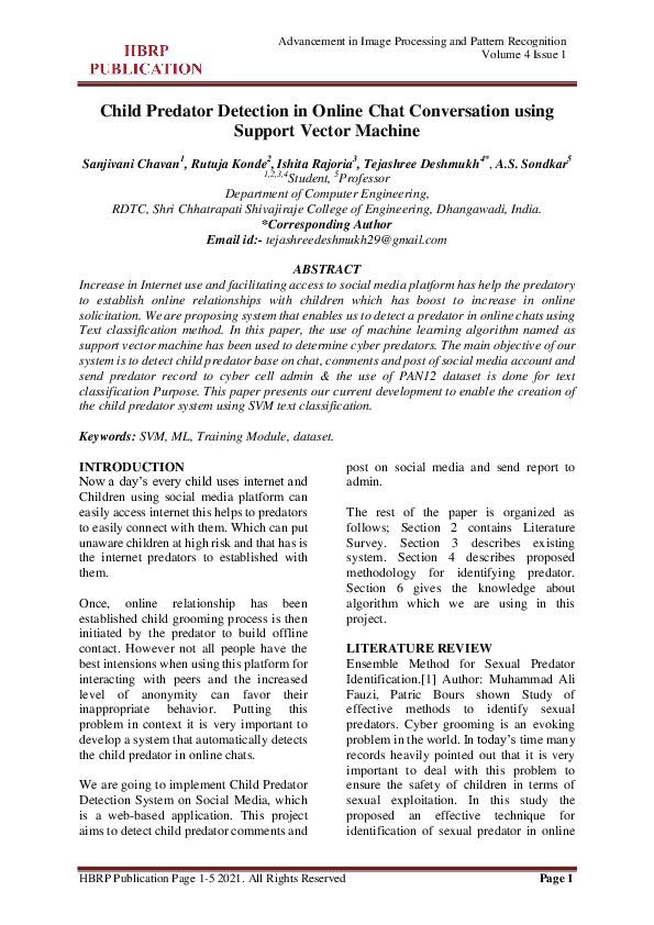 (PDF) Child Predator Detection in Online Chat Conversation using Support Vector Machine