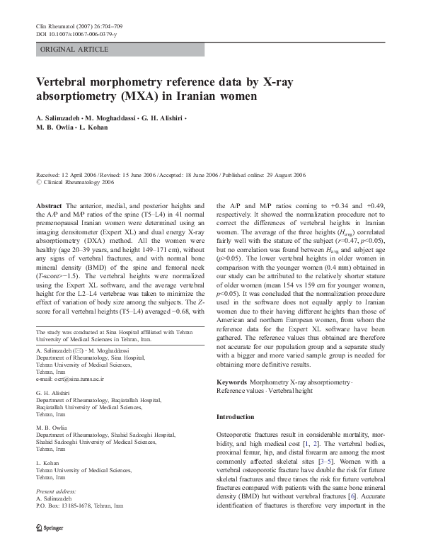 (PDF) Vertebral morphometry reference data by X-ray absorptiometry (MXA) in Iranian women