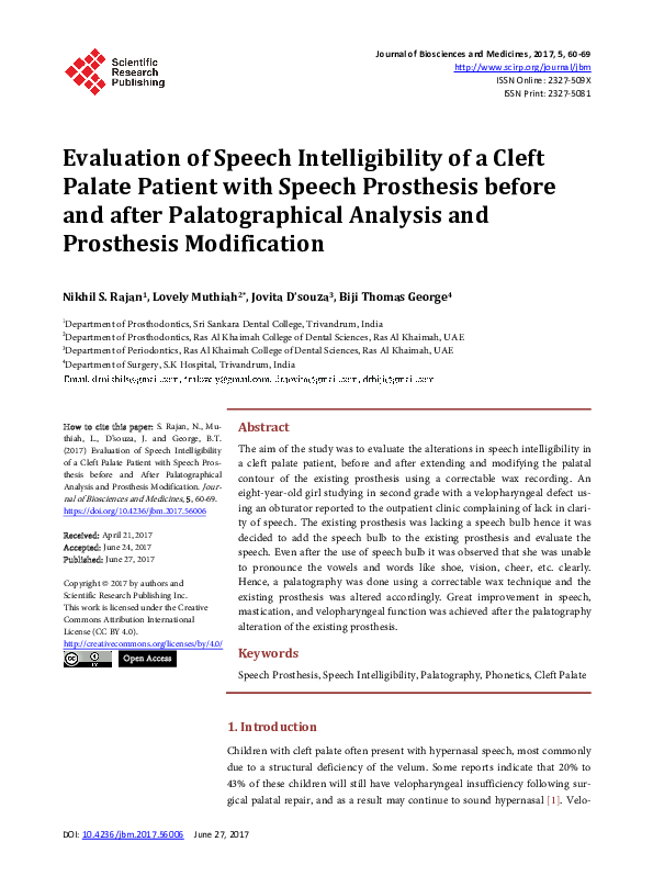 (PDF) Evaluation of Speech Intelligibility of a Cleft Palate Patient ...