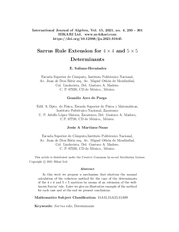 (PDF) Sarrus rule extension for 4x4 and 5x5 determinants