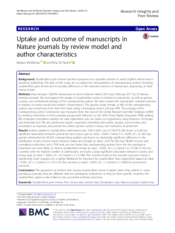 (PDF) Uptake and outcome of manuscripts in Nature journals by review ...