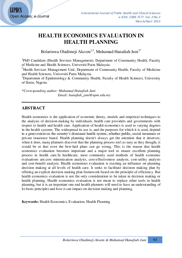 (PDF) Health Economics Evaluation in Health Planning