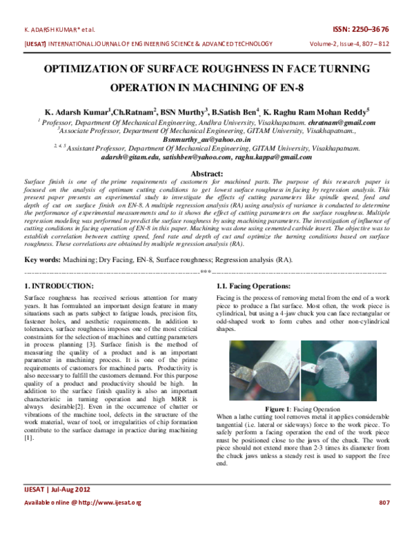Pdf Optimization Of Surface Roughness In Face Turning Operation In Machining Of En 8