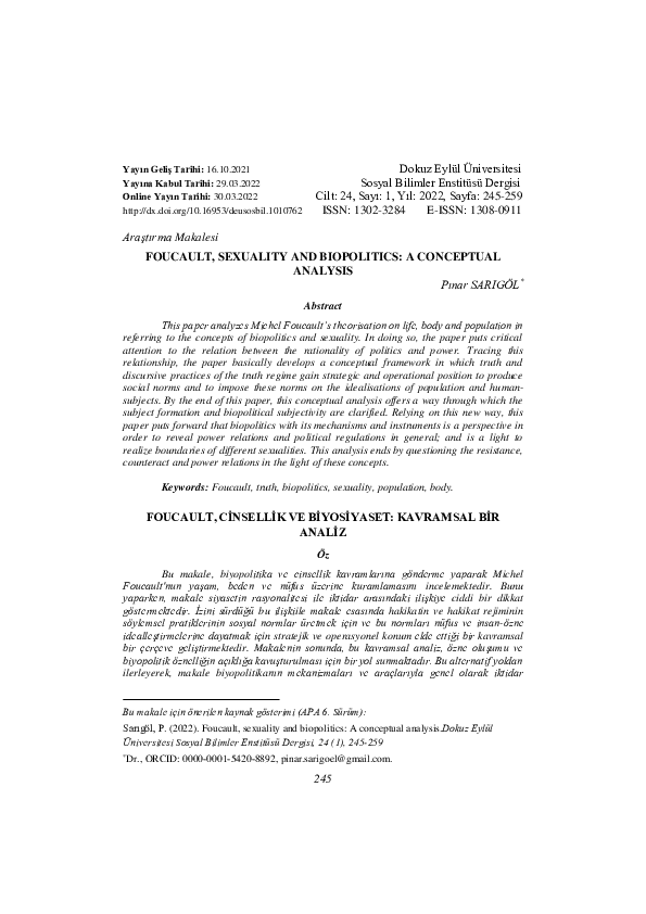 (PDF) FOUCAULT, SEXUALITY AND BIOPOLITICS: A CONCEPTUAL ANALYSIS