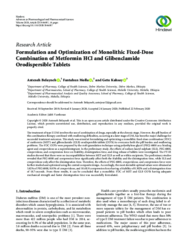 Pdf Formulation And Optimization Of Monolithic Fixed Dose Combination Of Metformin Hcl And