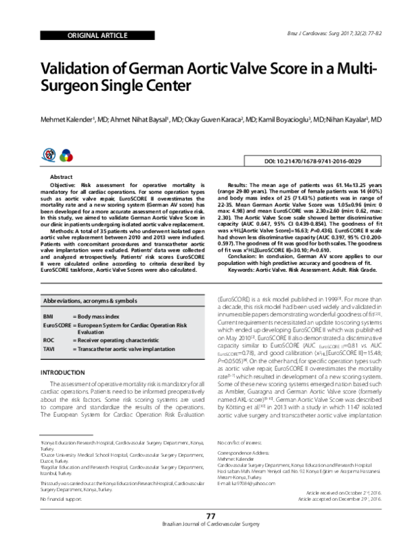 (PDF) Validation of German Aortic Valve Score in a Multi-Surgeon Single Center