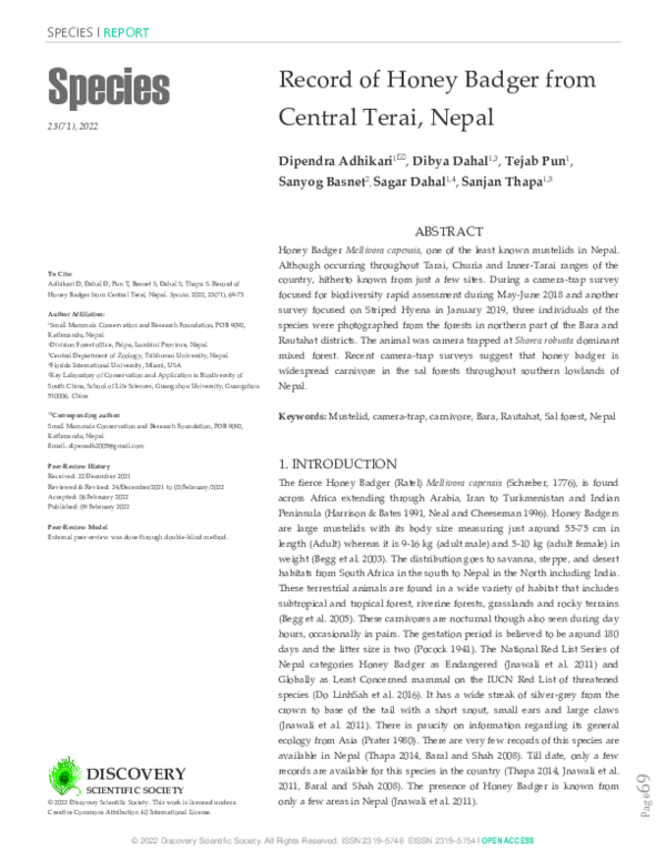 (PDF) Record of Honey Badger from Central Terai, Nepal