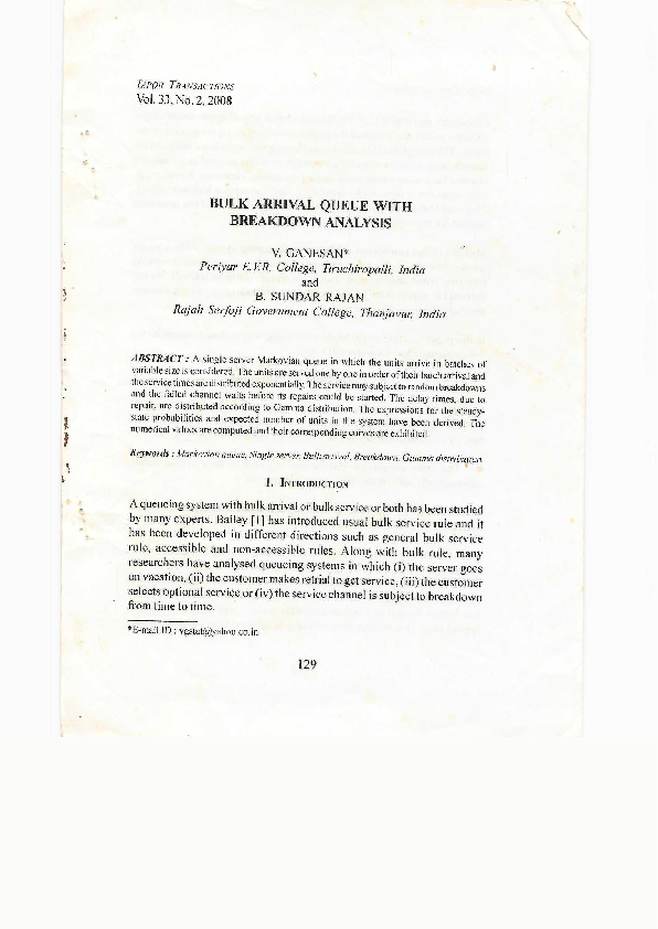 (PDF) Bulk Arrival Queue with Breakdown Analysis