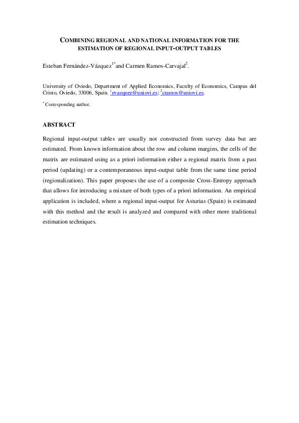 Pdf Combining Regional And National Information For The Estimation Of Regional Input Output