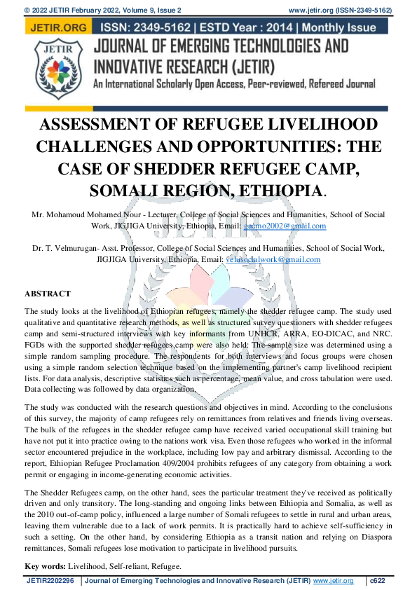 (PDF) ASSESSMENT OF REFUGEE LIVELIHOOD CHALLENGES AND OPPORTUNITIES ...
