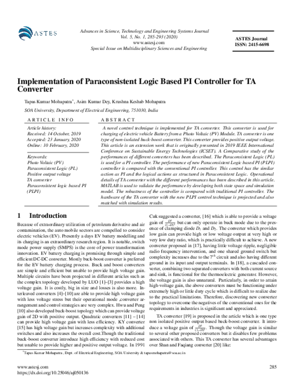 Pdf Implementation Of Paraconsistent Logic Based Pi Controller For Ta Converter