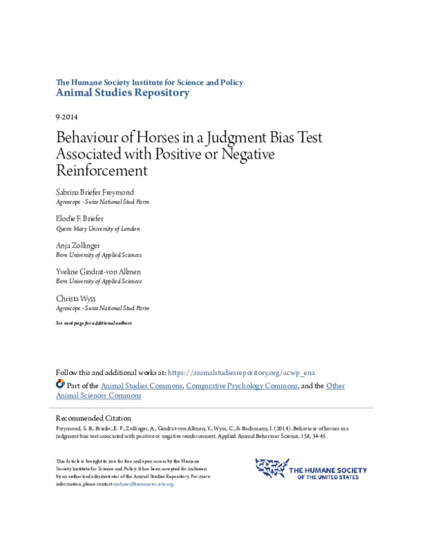 (PDF) Behaviour of horses in a judgment bias test associated with ...