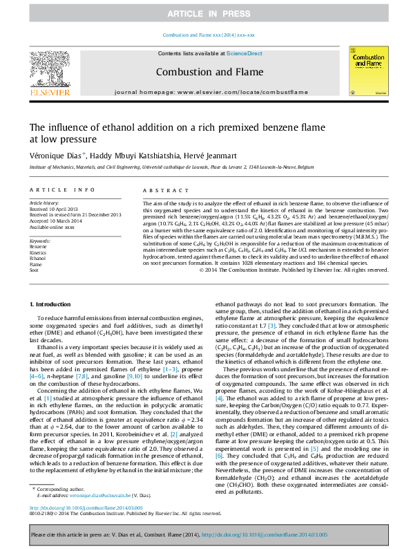 (PDF) The influence of ethanol addition on a rich premixed benzene ...