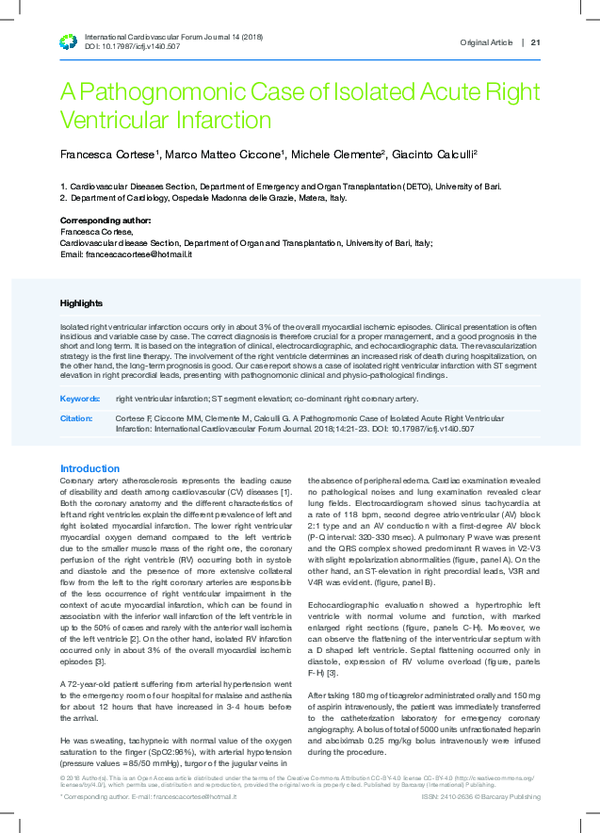 (PDF) A Pathognomonic Case of Isolated Acute Right Ventricular Infarction