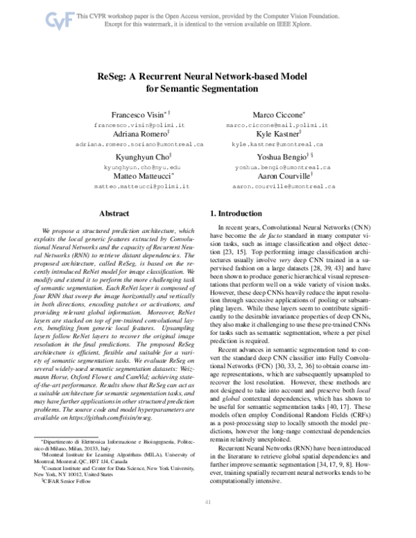 Pdf Reseg A Recurrent Neural Network Based Model For Semantic Segmentation