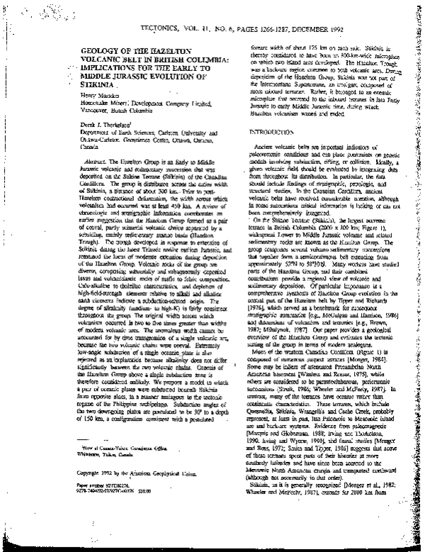 (PDF) Geology of the Hazelton volcanic belt in British Columbia ...