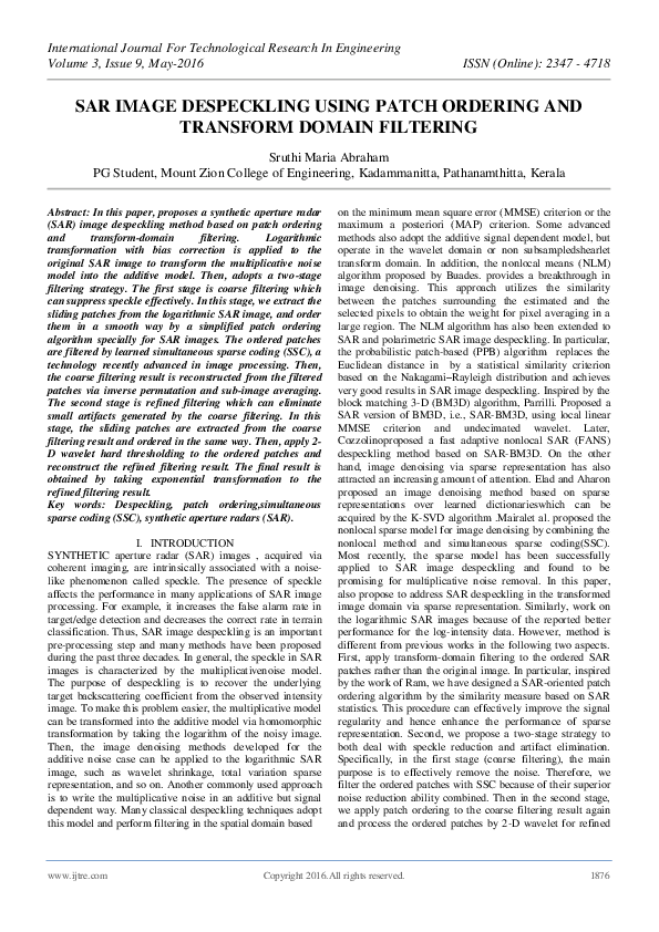 (PDF) Sar Image Despeckling Using Patch Ordering and Transform Domain Filtering