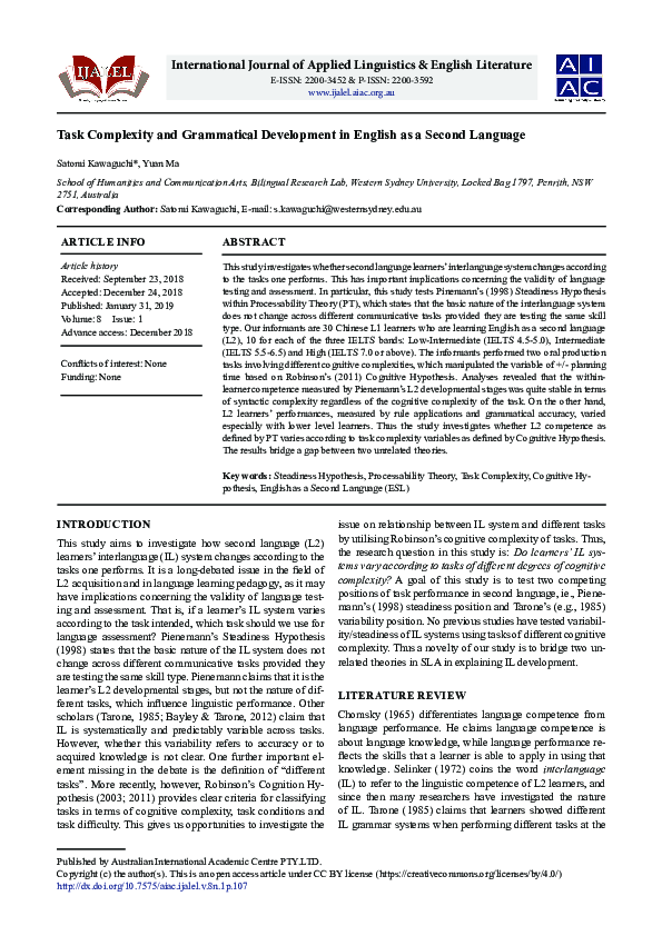 (PDF) Task Complexity and Grammatical Development in English as a Second Language | Satomi ...
