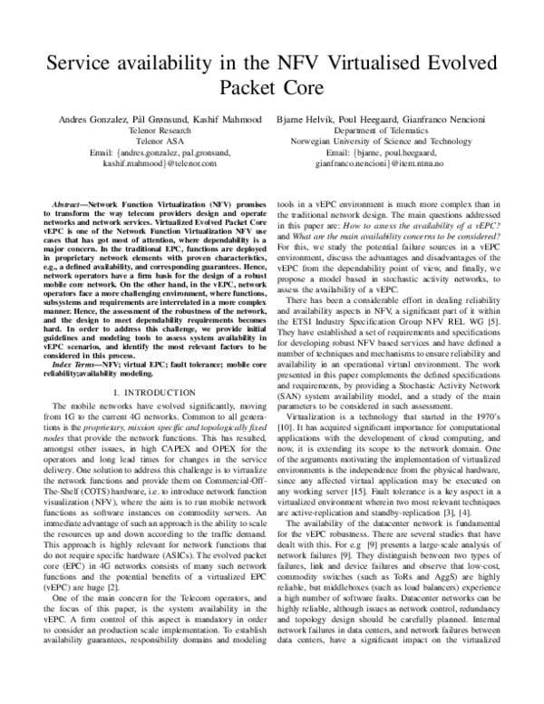 (PDF) Service Availability in the NFV Virtualized Evolved Packet Core