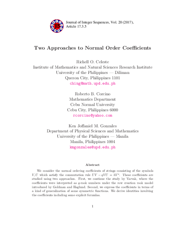 (PDF) Two Approaches to Normal Order Coefficients