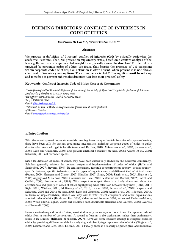 (PDF) Defining Directors’ Conflict of Interests in Code of Ethics