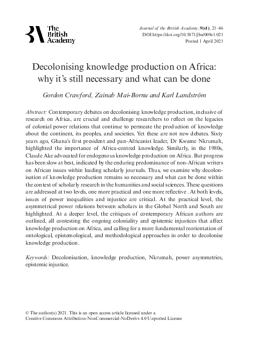 (PDF) Decolonising knowledge production on Africa: why it s still ...