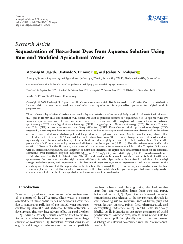 (PDF) Sequestration of Hazardous Dyes from Aqueous Solution Using Raw and Modified Agricultural ...