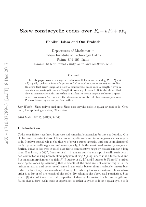 (PDF) Skew constacyclic codes over Fq+uFq+vFq
