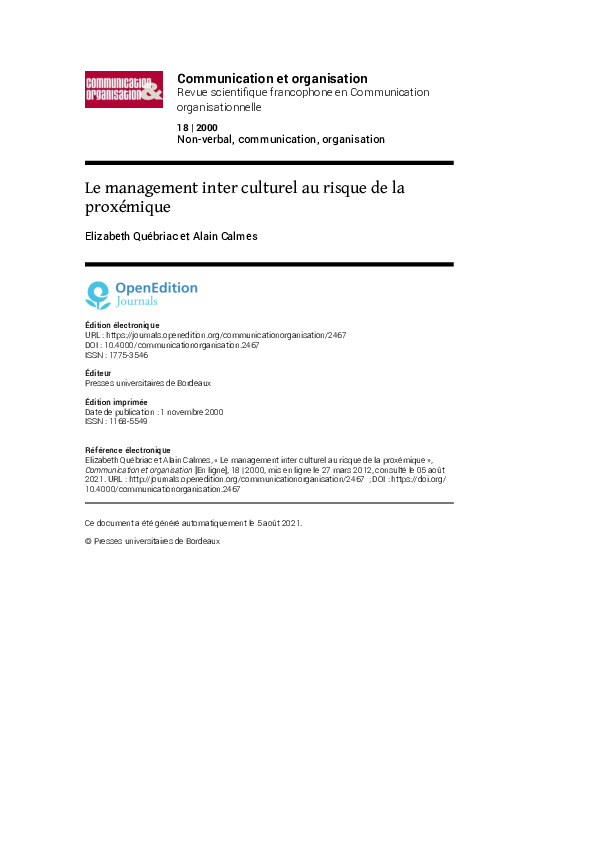 (PDF) Le management inter culturel au risque de la proxémique