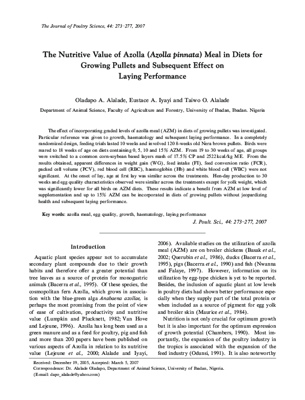 (PDF) The Nutritive Value of Azolla (Azolla pinnata) Meal in Diets for ...