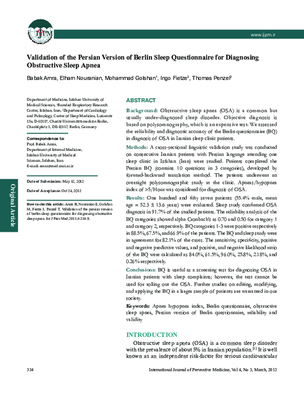 Pdf Validation Of The Persian Version Of Berlin Sleep Questionnaire For Diagnosing Obstructive