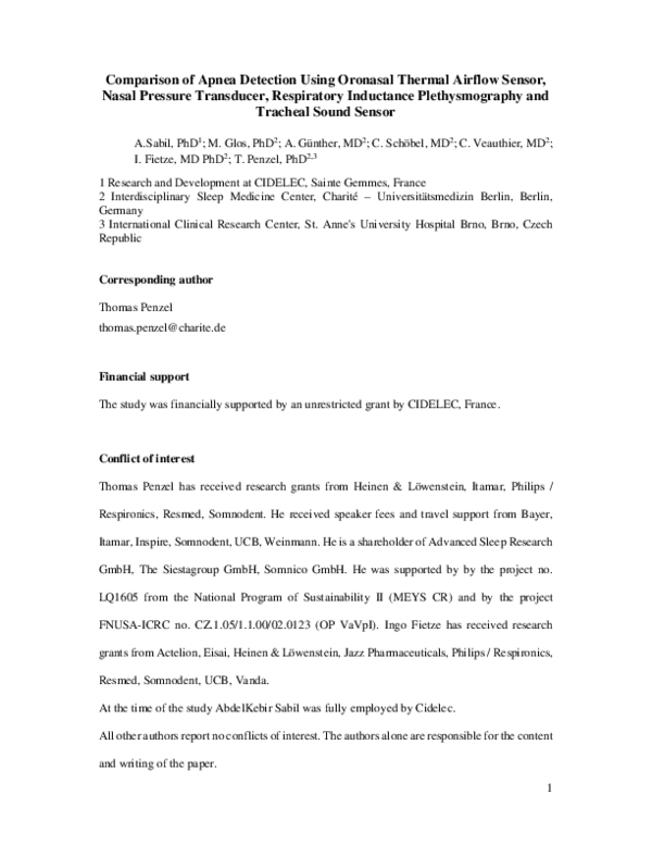 Pdf Comparison Of Apnea Detection Using Oronasal Thermal Airflow