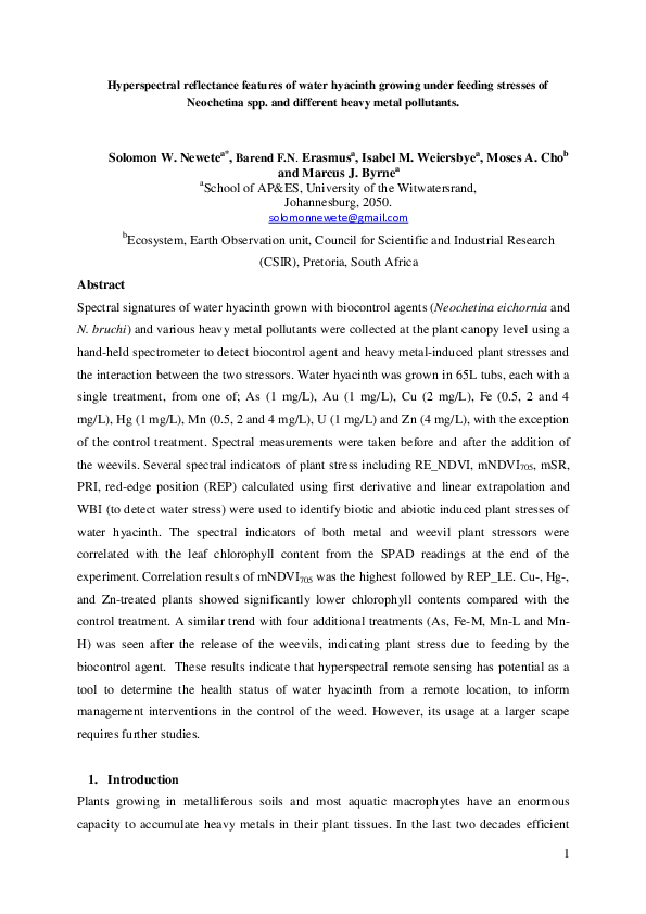 (PDF) Hyperspectral reflectance features of water hyacinth growing ...