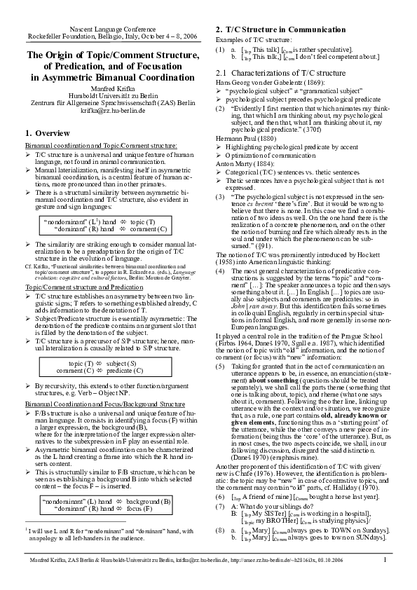 (PDF) The Origin of Topic/Comment Structure, of Predication, and of ...