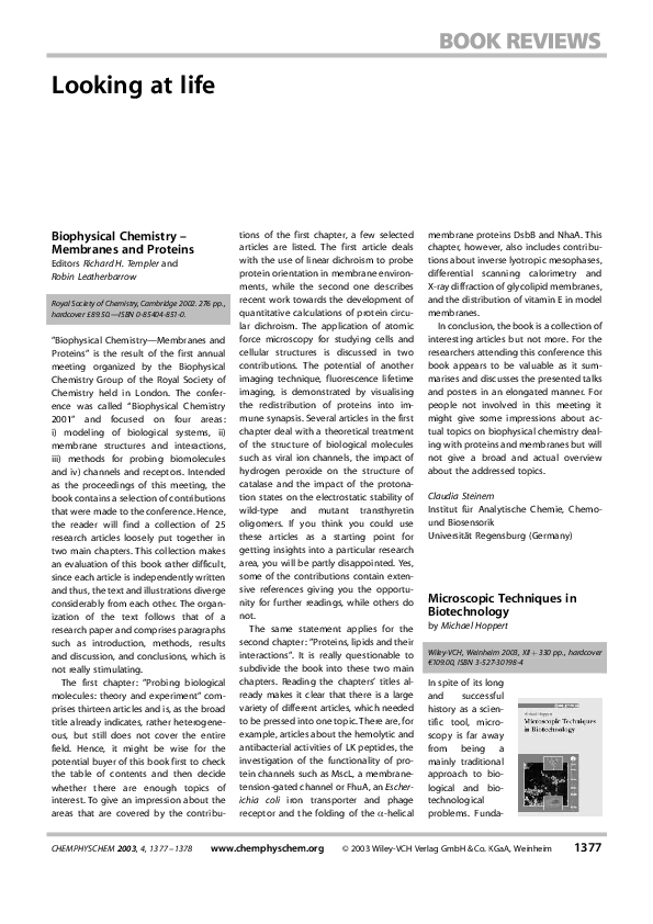 (PDF) Book Review: Biophysical Chemistry - Membranes and Proteins ...