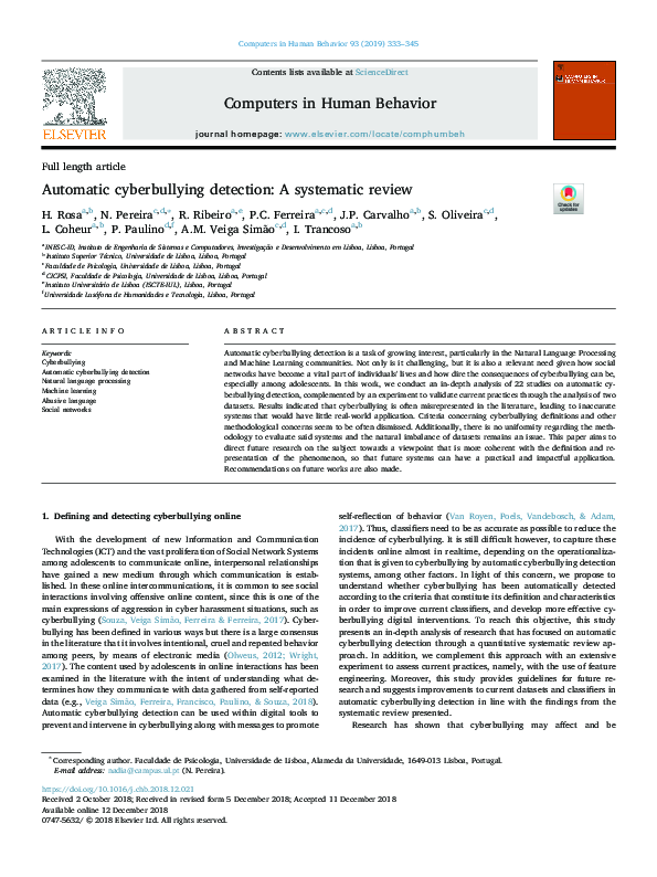 (PDF) Automatic cyberbullying detection: A systematic review