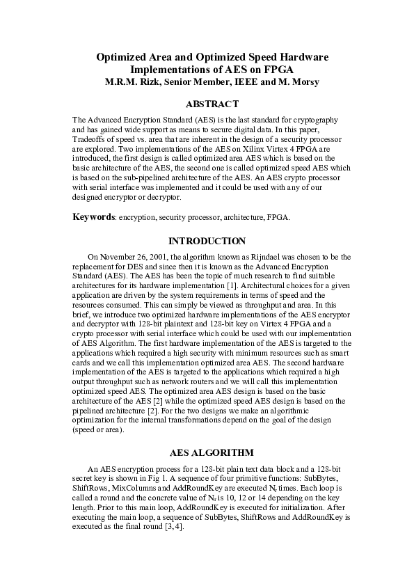 (PDF) Optimized Area and Optimized Speed Hardware Implementations of AES on FPGA