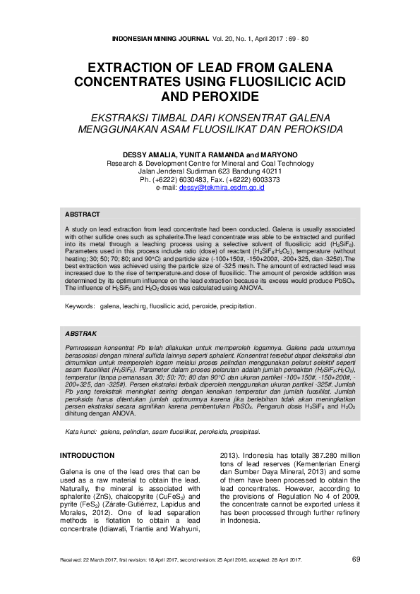 (PDF) Extraction of lead from galena concentrates using fluosilicic ...