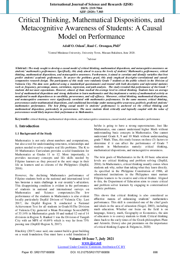 (PDF) Critical Thinking, Mathematical Dispositions, and Metacognitive Awareness of Students: A ...