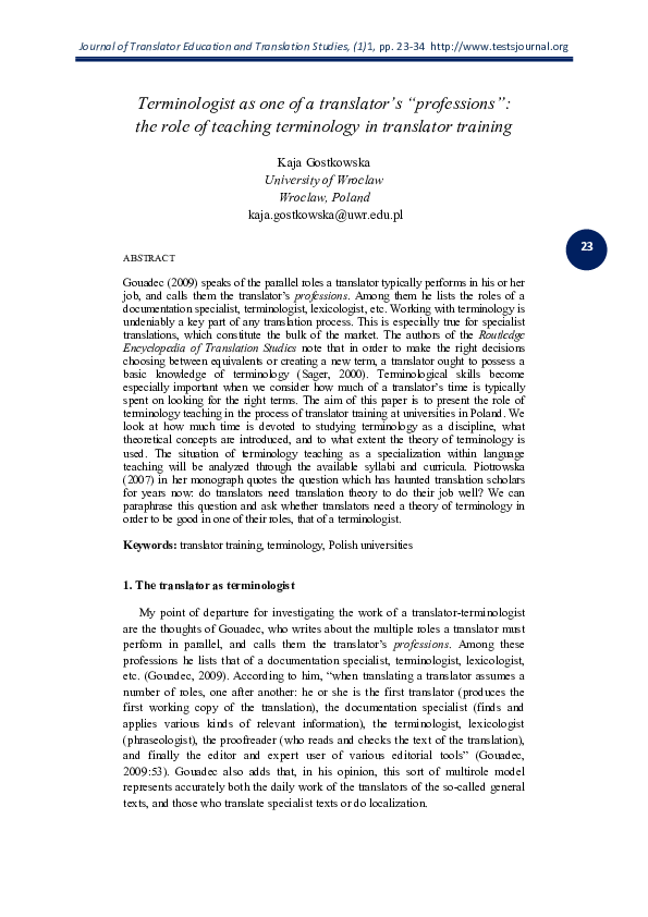 (PDF) Terminologist as one of a translator's "professions": the role of ...