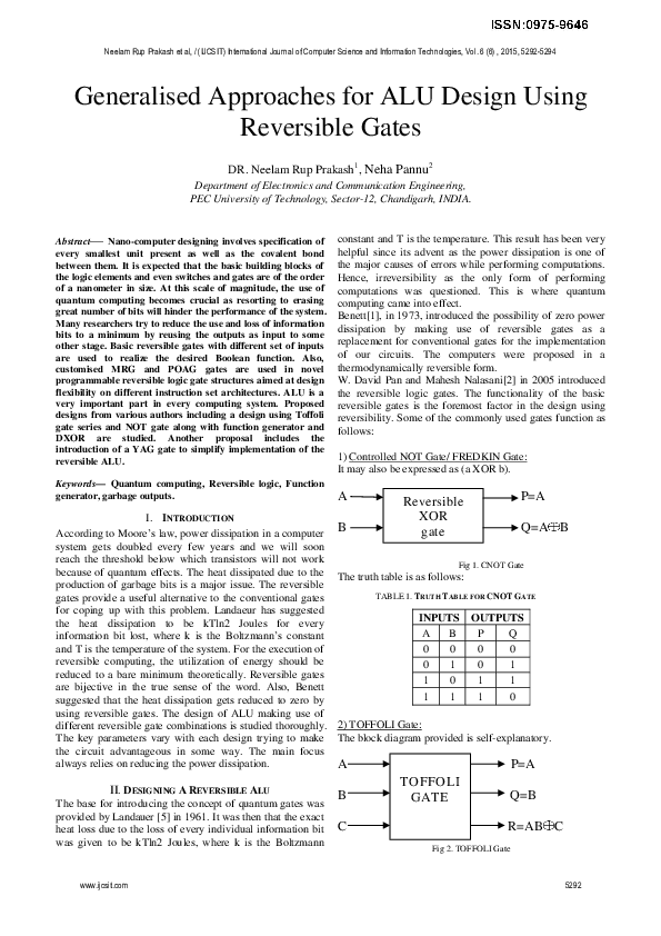 Pdf Generalised Approaches For Alu Design Using Reversible Gates