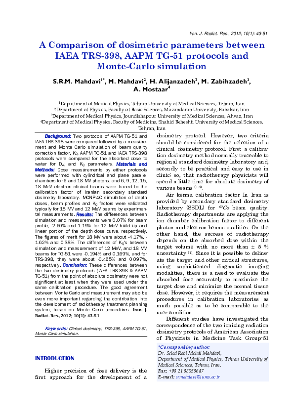 (PDF) A Comparison of dosimetric parameters between IAEA TRS-398, AAPM ...