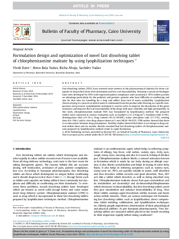 Pdf Formulation Design And Optimization Of Novel Fast Dissolving Tablet Of Chlorpheniramine