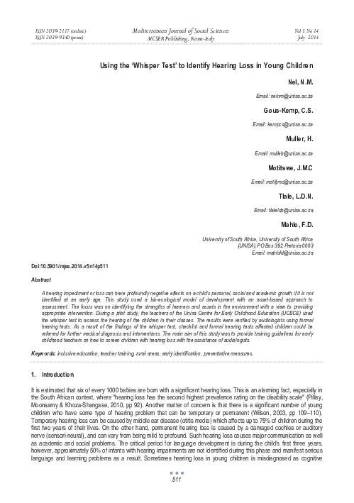 (PDF) Using the ‘Whisper Test’ to Identify Hearing Loss in Young Children